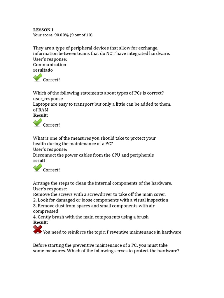 PC Maintenance and Safety Quiz Results | PDF