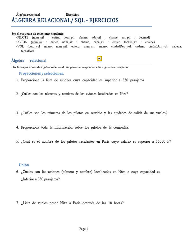 ÁLGEBRA RELACIONAL _ SQL - EJERCICIOS | PDF | SQL | Gestión de datos