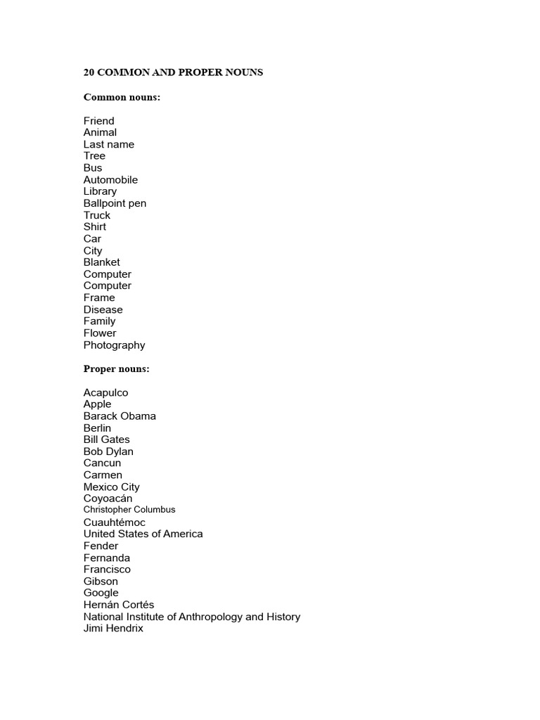 20 Common and Proper Nouns | PDF