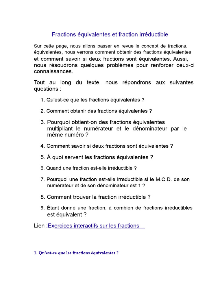 Fractions Équivalentes et Irréductibles | PDF | Multiplication ...