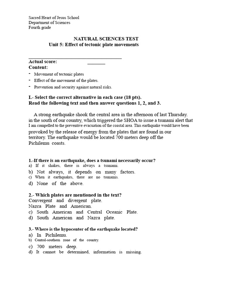 Science Test 4th Grade Earthquakes | PDF | Earthquakes | Tsunami
