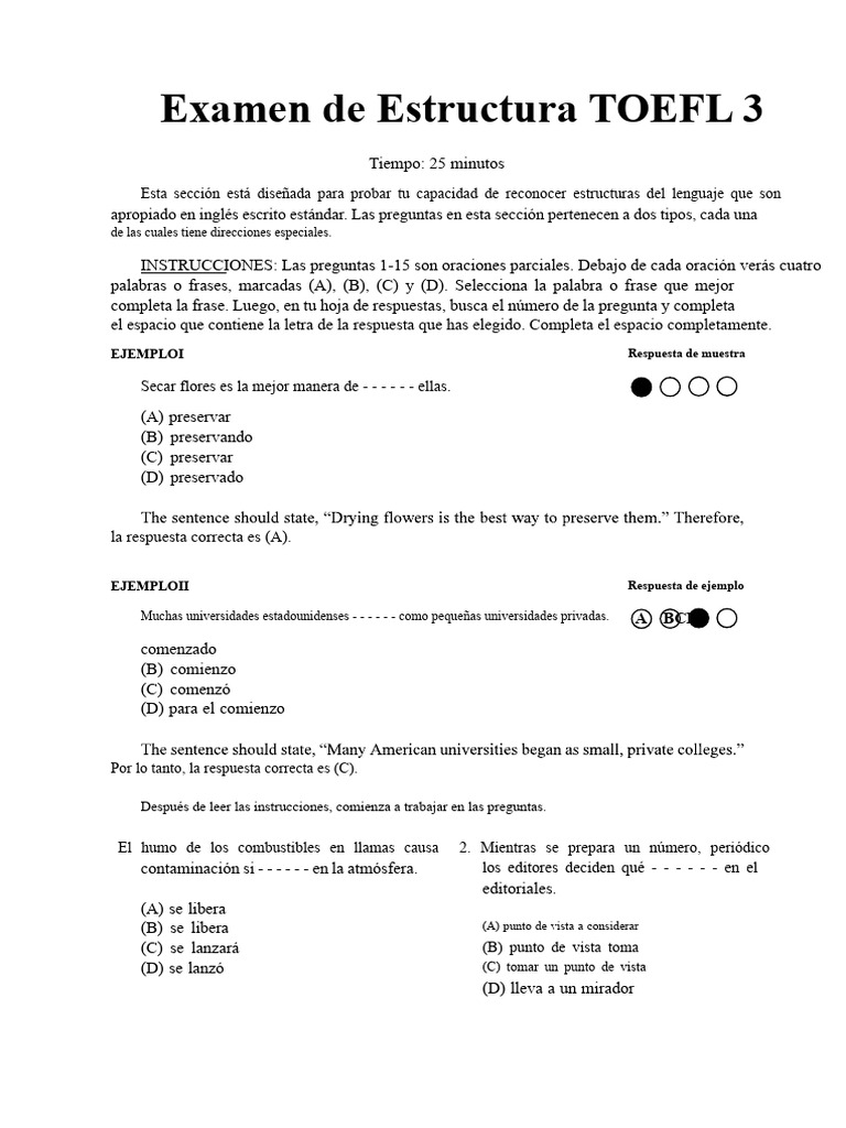 Prueba de Estructura TOEFL 3 | PDF