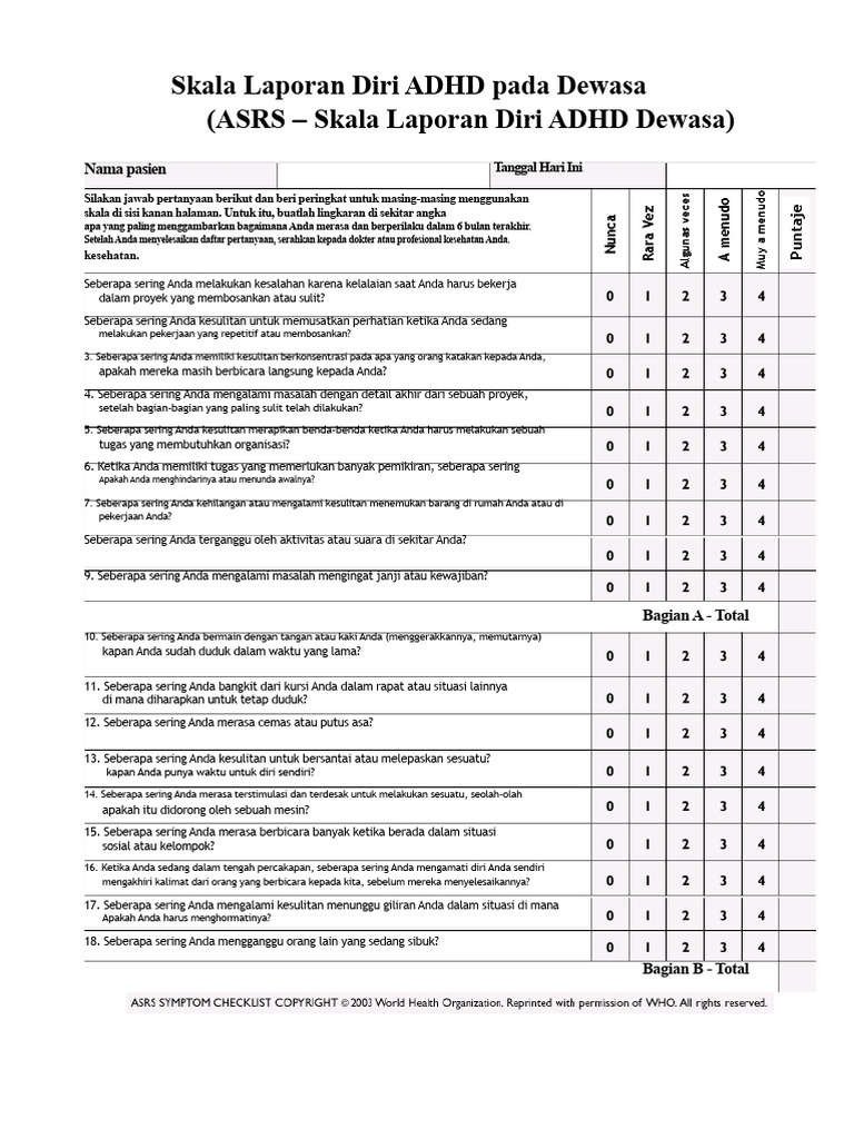Skala ASRS untuk Diagnosa ADHD Dewasa | PDF