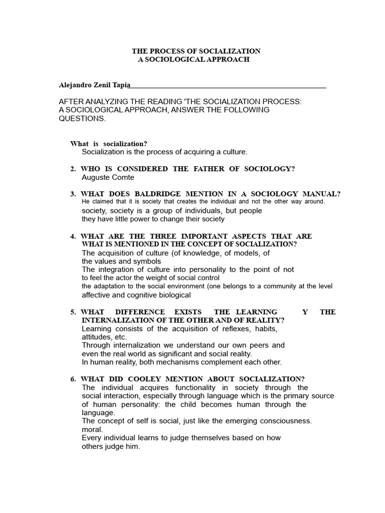 THE SOCIALIZATION PROCESS_QUESTIONS 1 | PDF | Socialization | Sociology