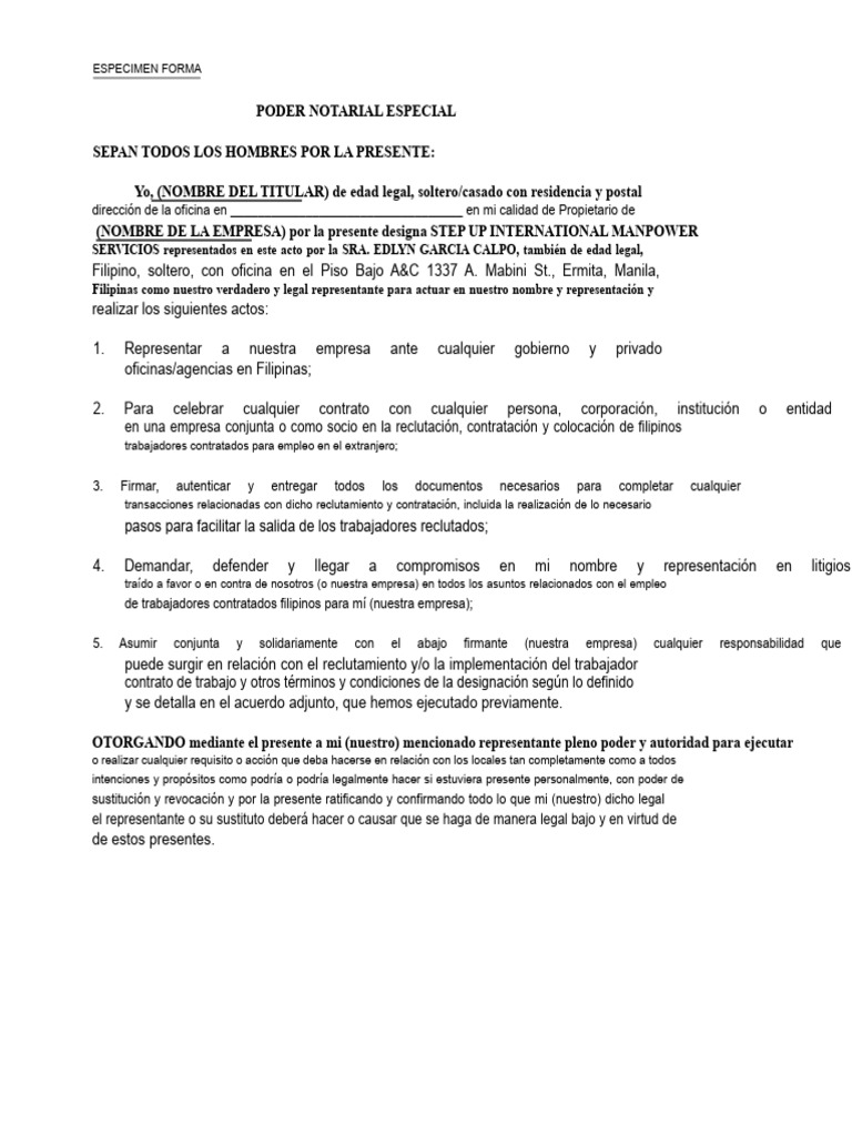 Poder Notarial Especial para Representación | PDF
