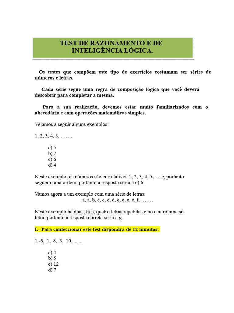 Teste de Raciocínio Lógico e Inteligência | PDF | Lógica