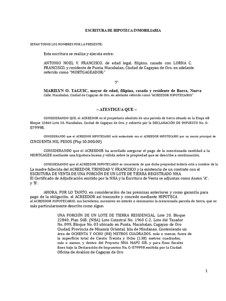 Escritura de Hipoteca Inmobiliaria | PDF | Ley de hipotecas | Ley común