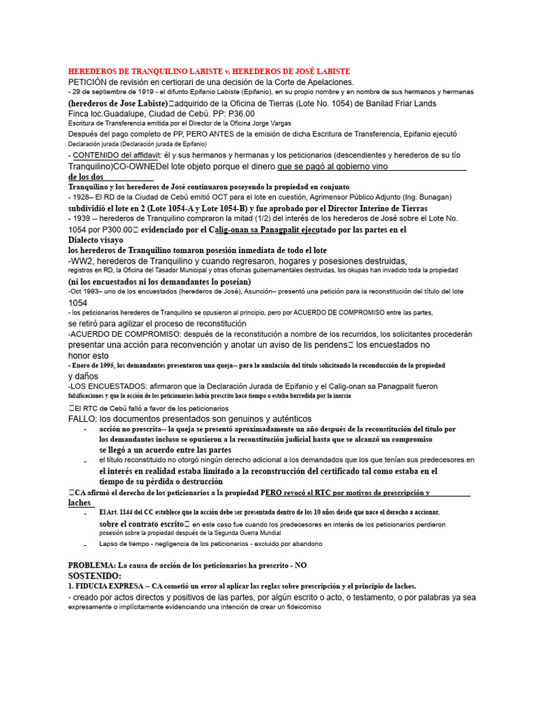 HEREDEROS DE TRANQUILINO LABISTE v. HEREDEROS DE JOSE LABISTE | PDF ...