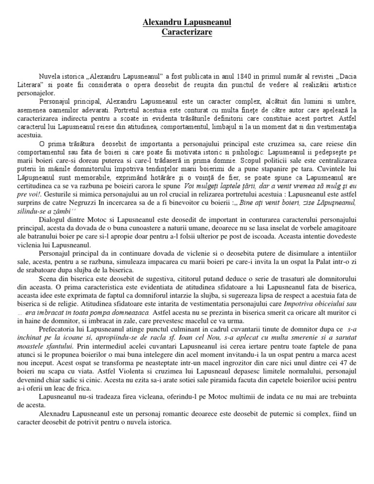 Caracterizare Alexandru Lapusneanul | PDF
