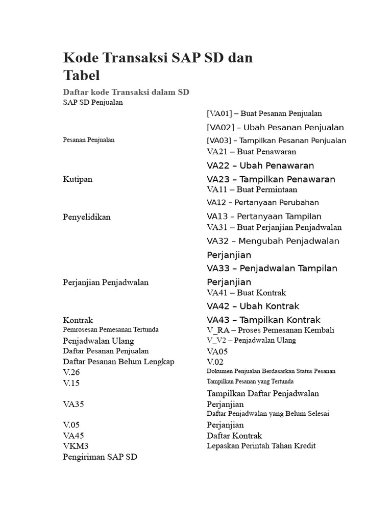 Kode Transaksi dan Tabel SAP SD | PDF