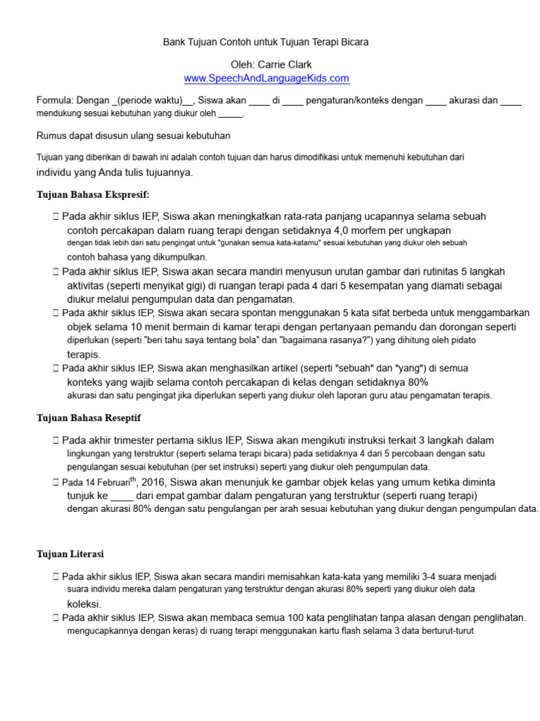 Contoh Tujuan Terapi Bicara IEP | PDF
