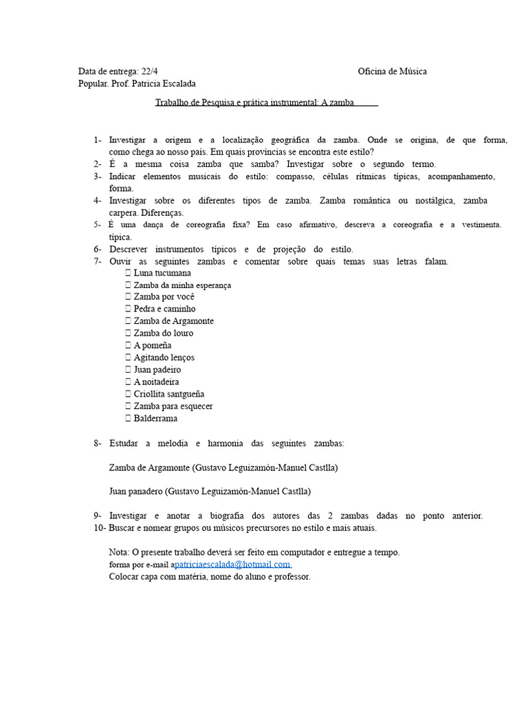 Zamba. Trabalho de pesquisa e prática instrumental. | PDF