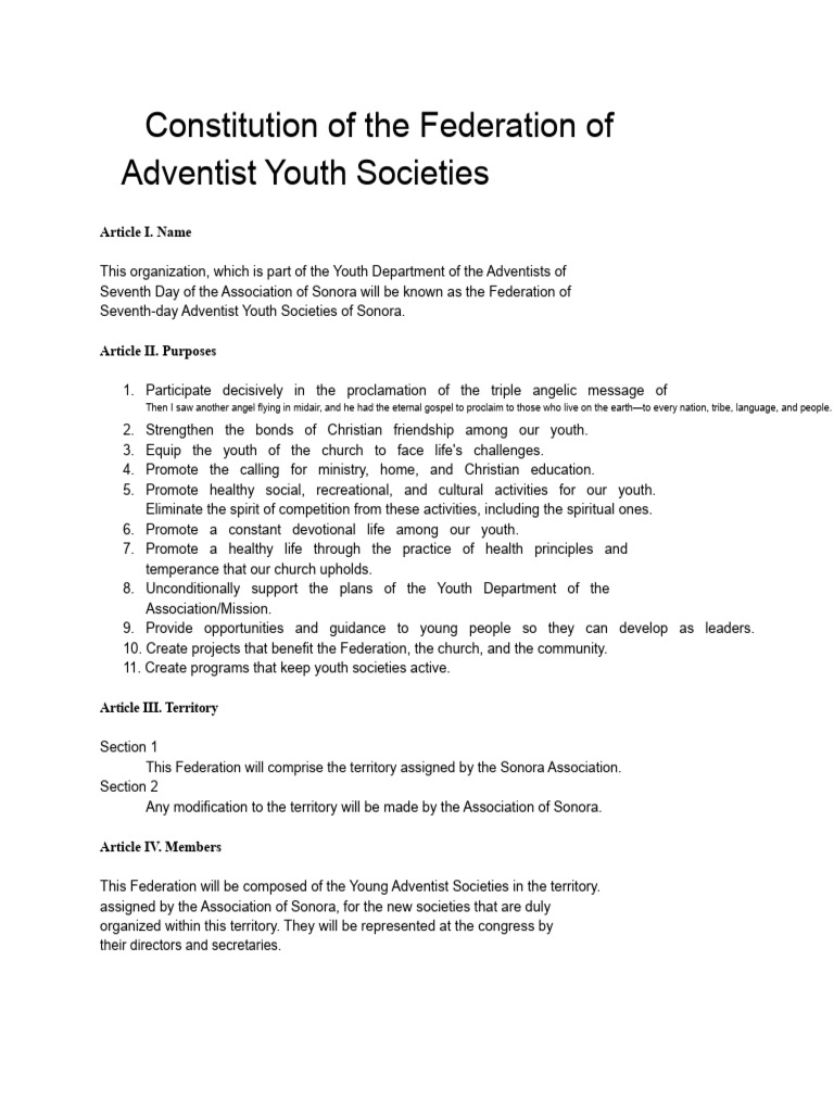 Constitution of Adventist Youth Federation | PDF | United States ...