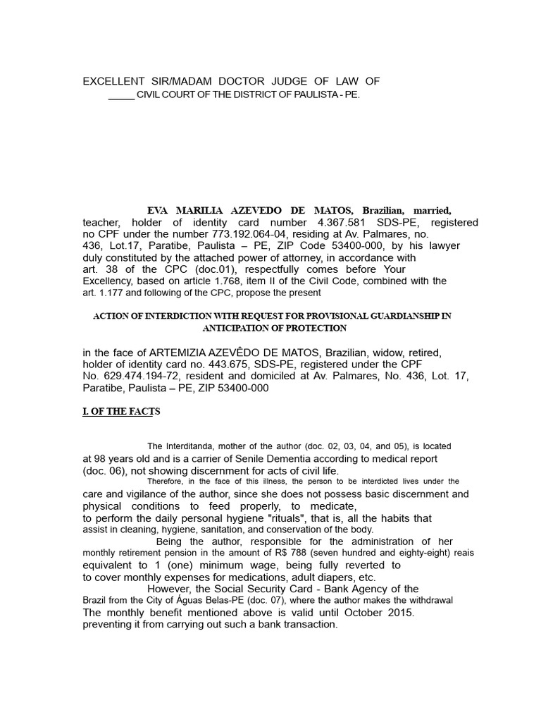 Petition For Interdiction With Provisional Guardianship | PDF | Common ...