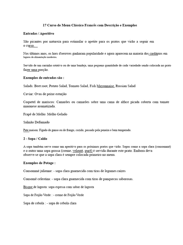 Menu Clássico Francês: Estrutura e Exemplos | PDF | Massa | Caldo