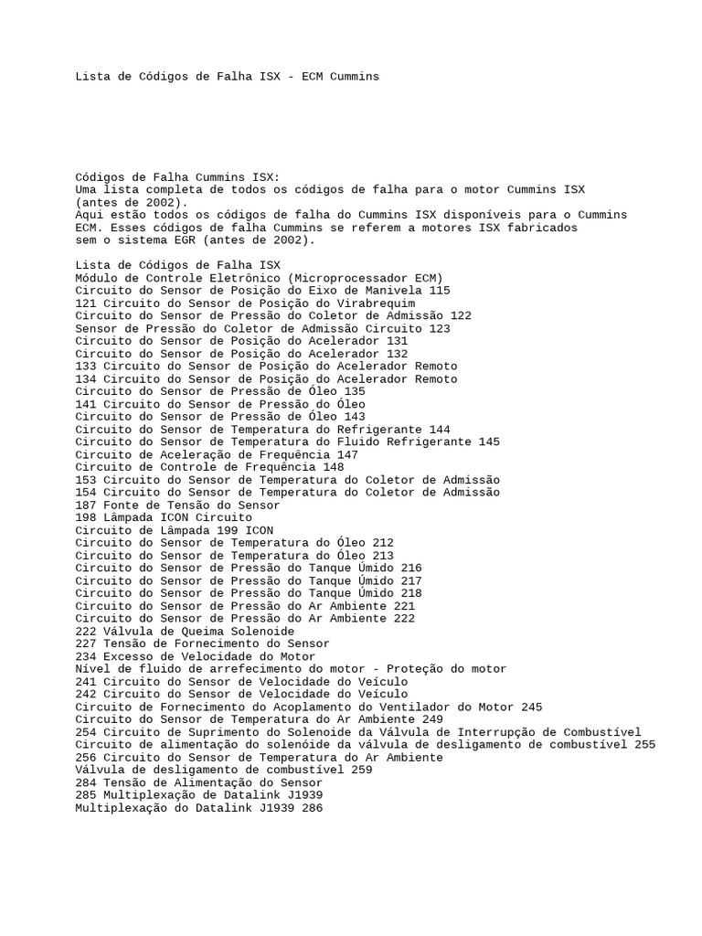 Lista de Códigos de Falha ISX - ECM Cummins | PDF | Rede elétrica | Motores