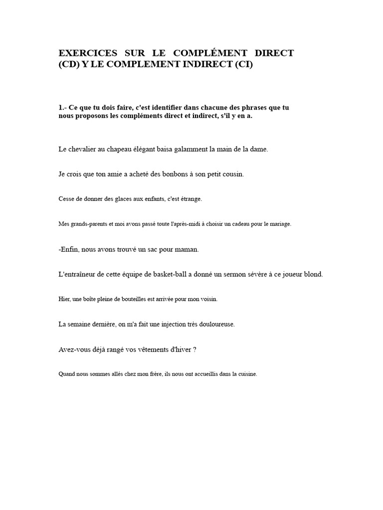 Exercices sur Compléments Directs et Indirects | PDF | Pronom