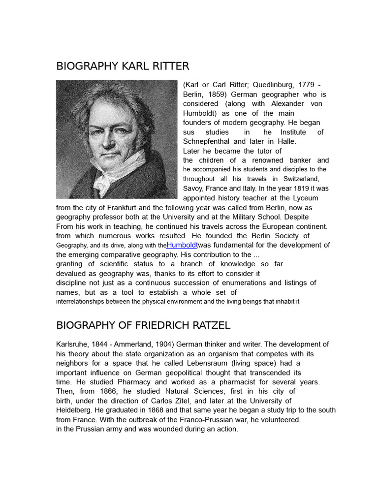 Biography of Karl Ritter, Friedrich Ratzel, Paul Vidal | PDF ...