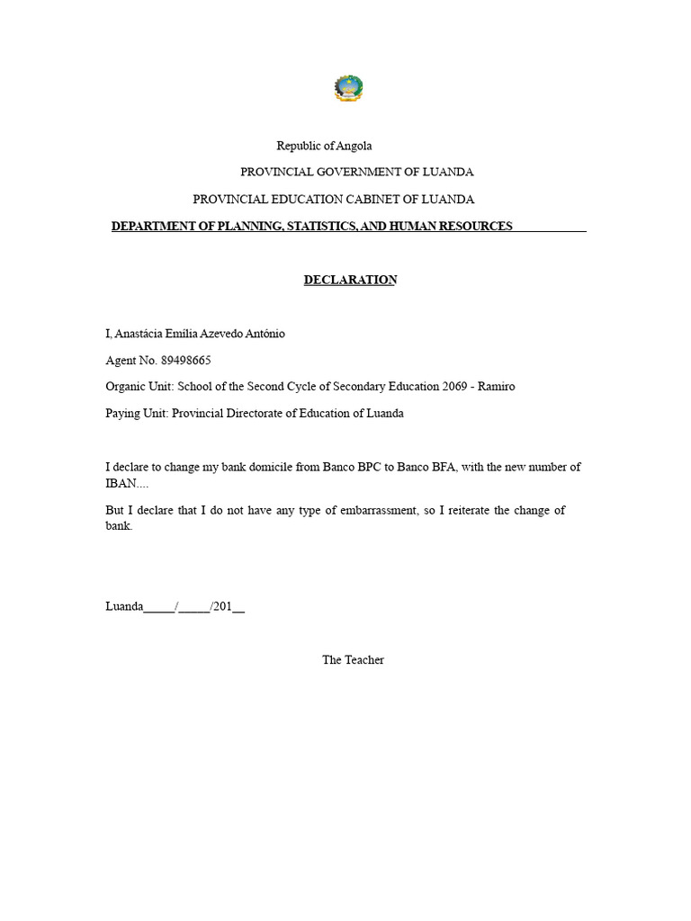 Bank Domicile Change Declaration Form | PDF