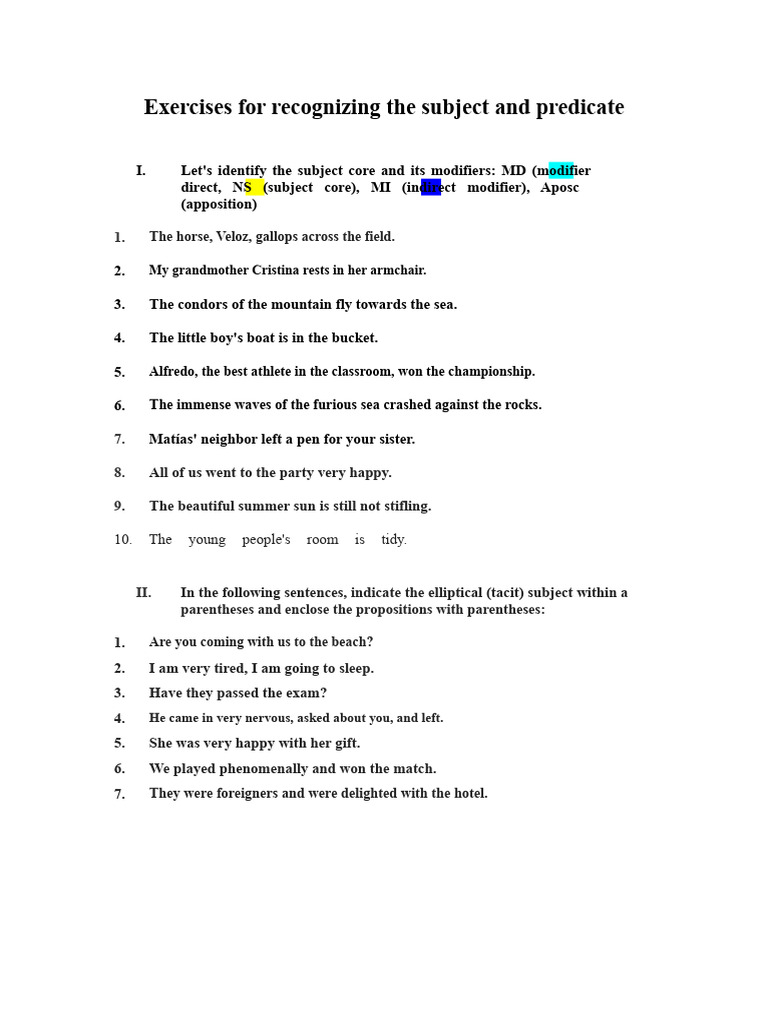 Exercises For Recognizing The Subject and Predicate | PDF | Chess ...
