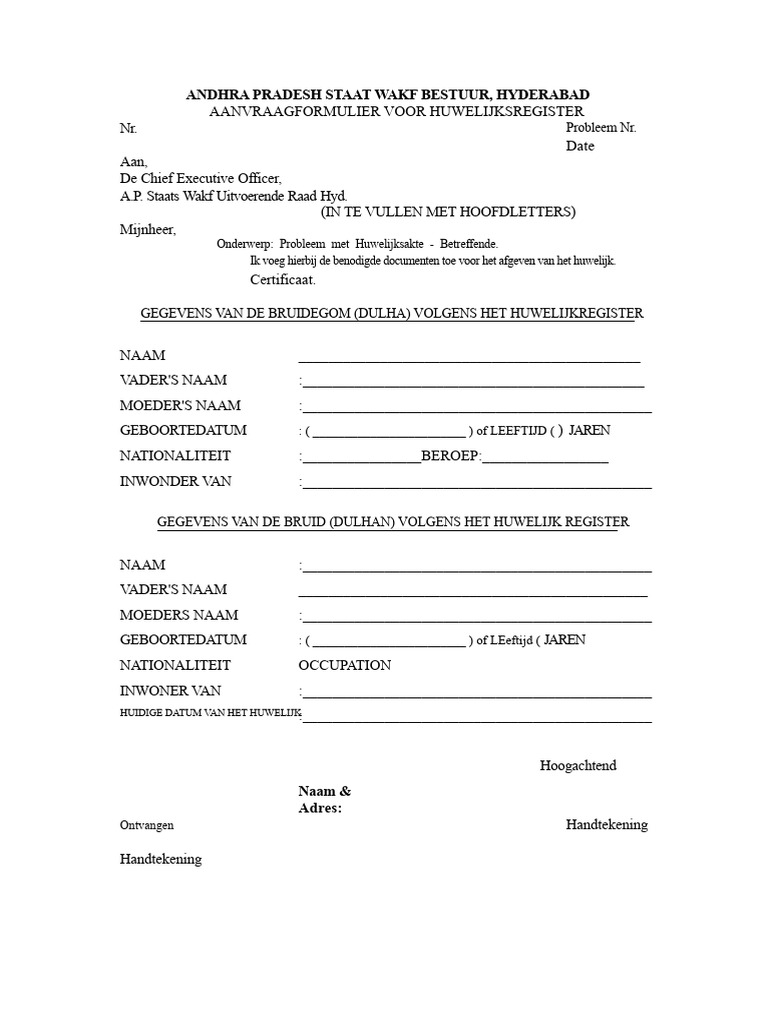 Aanvraagformulier Voor Huwelijksakte | PDF