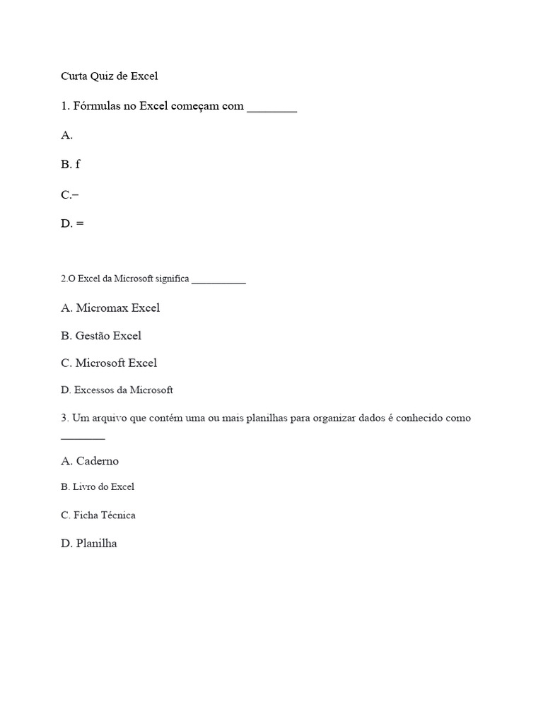 Questionário Rápido de Excel | PDF