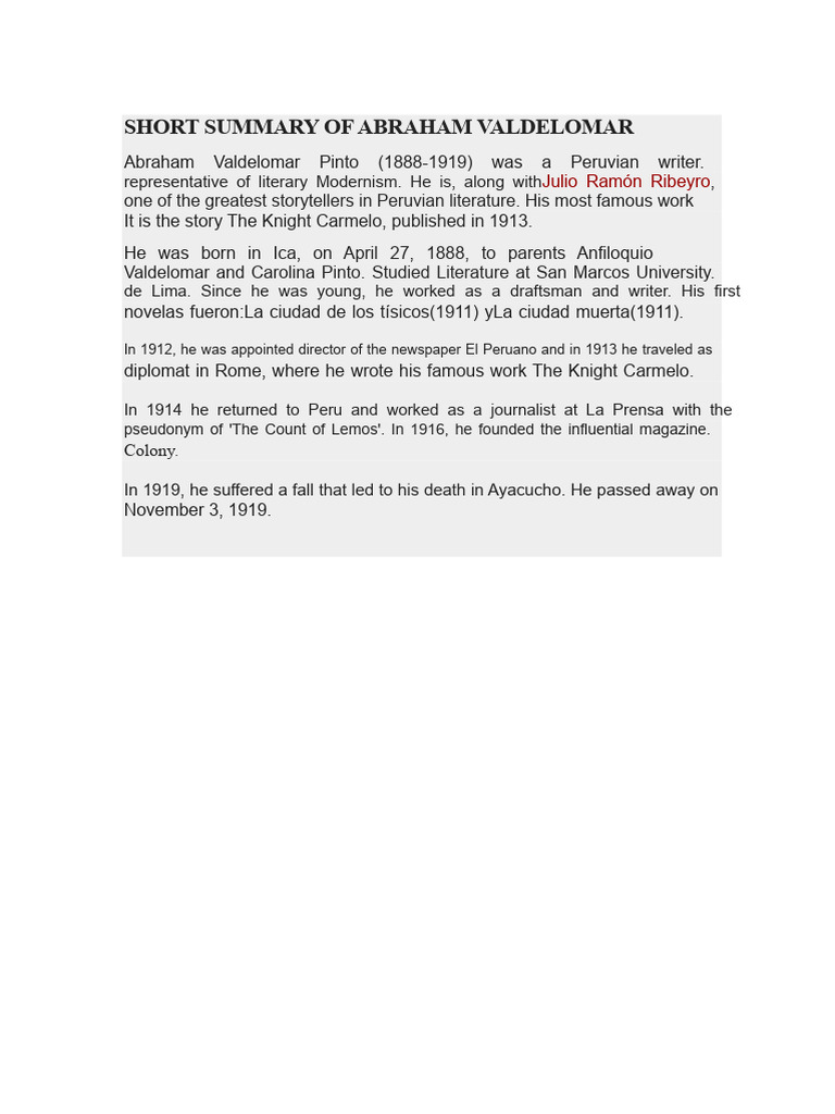 Short Summary of Abraham Valdelomar | PDF