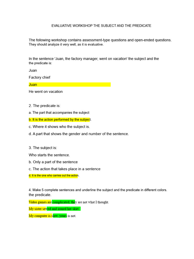 Subject and Predicate Workshop Guide | PDF