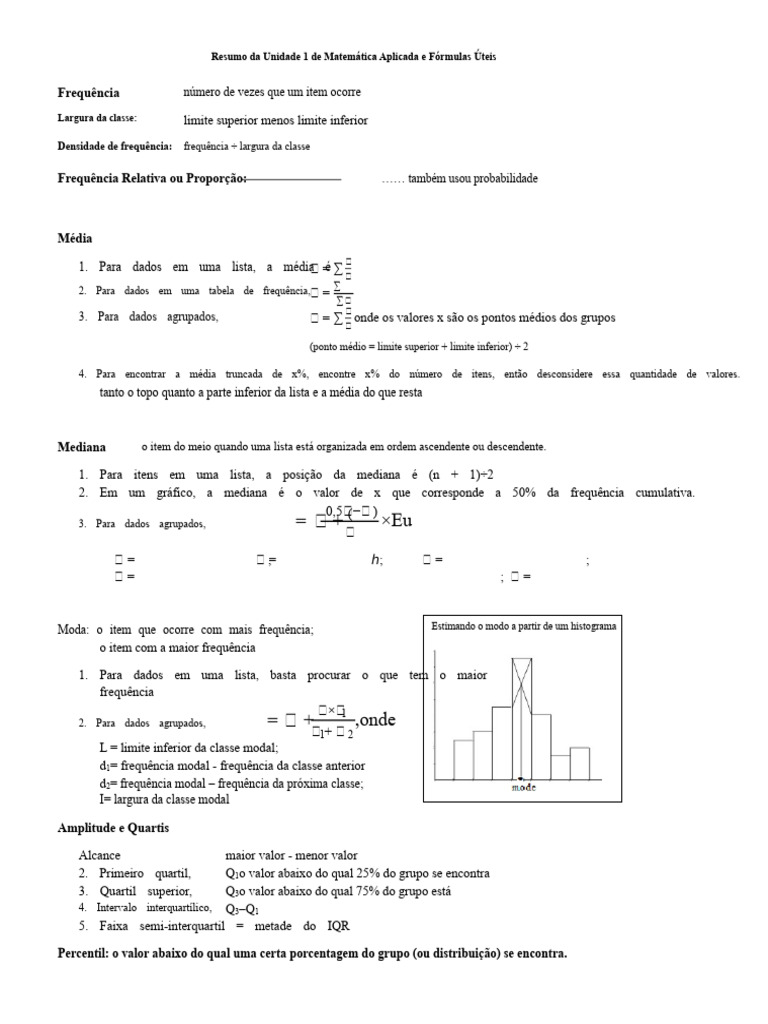 Resumo da Unidade 1 de Matemática Aplicada e Fórmulas Úteis | PDF ...