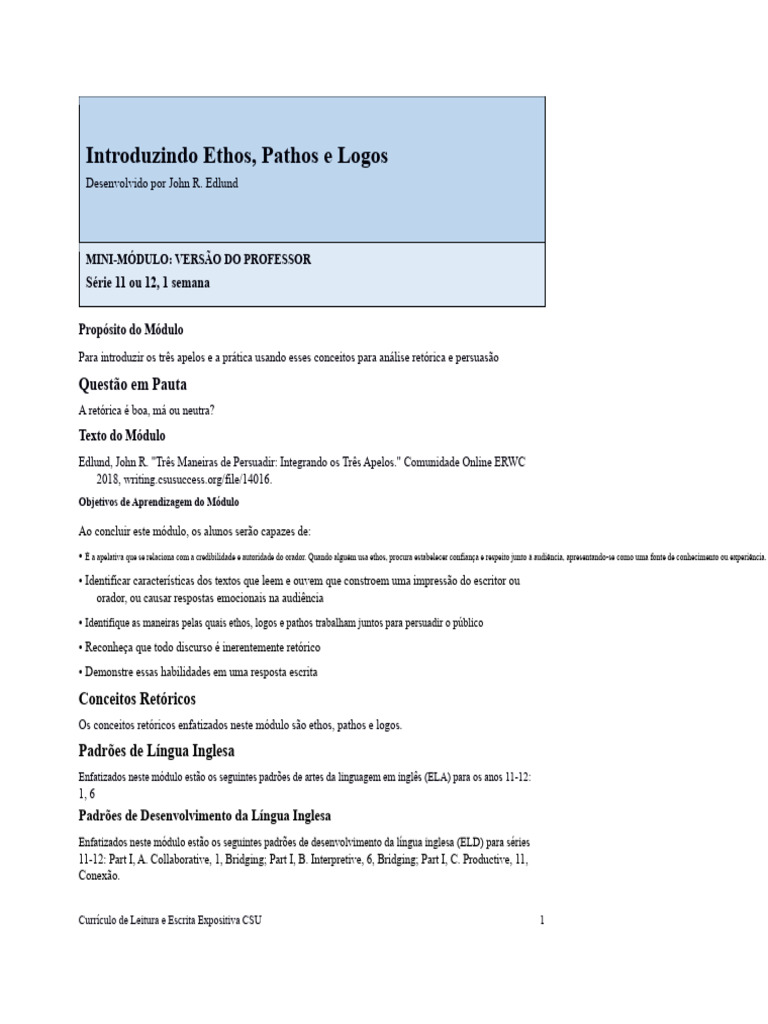Apresentando Ethos, Pathos e Logos - Versão para Professores - Final | PDF | Retórica | Logotipos