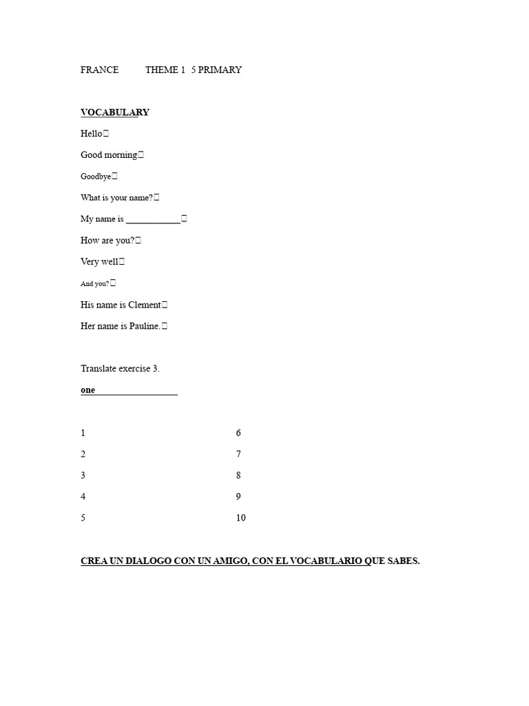 French Topic 1 5th Grade | PDF