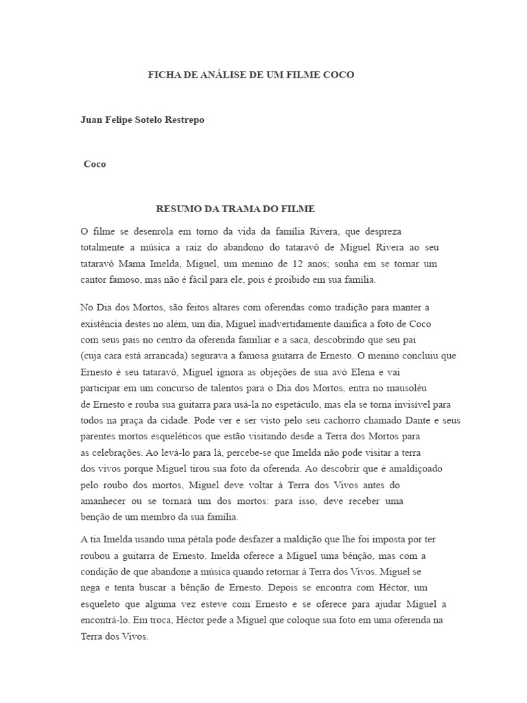 FICHA DE ANÁLISE DE UM FILME COCO | PDF