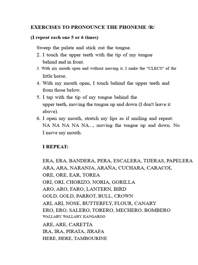 Exercises To Pronounce The Phoneme R | PDF