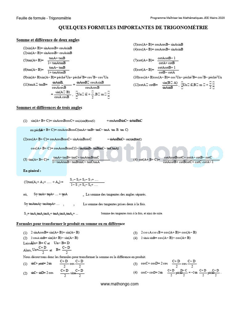 Formules Clés de Trigonométrie JEE Mains | PDF | Analyse complexe ...