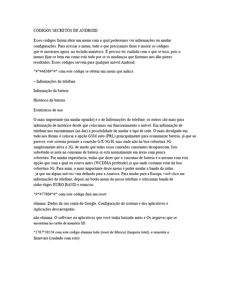 CÓDIGOS SECRETOS PARA CELULARES ANDROID.pdf | PDF | Celulares | Android ...