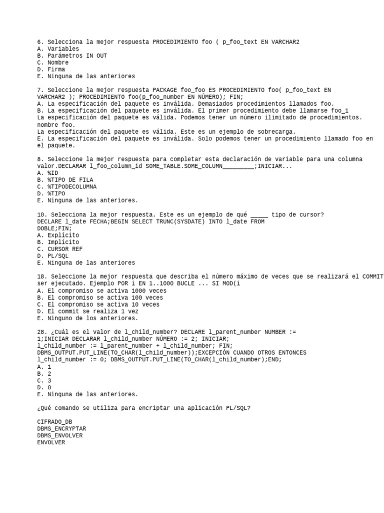 Cuestionario de Plsql | PDF | Pl / Sql | SQL