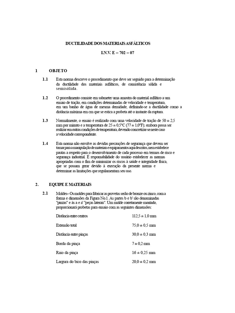 Norma INV E-702-07 (Ductilidade dos materiais asfálticos) | PDF | Temperatura | Ductilidade