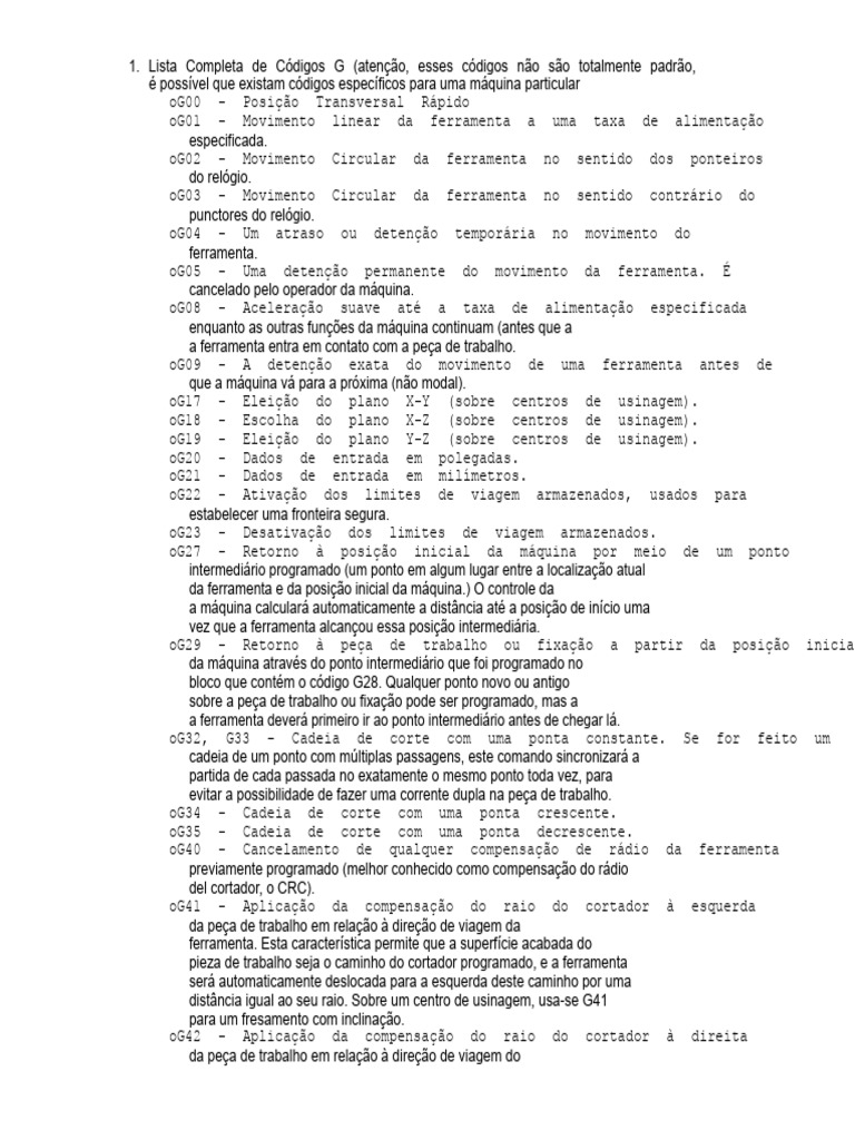 Lista Completa de Códigos G.docx | PDF | Máquinas | Ferramentas