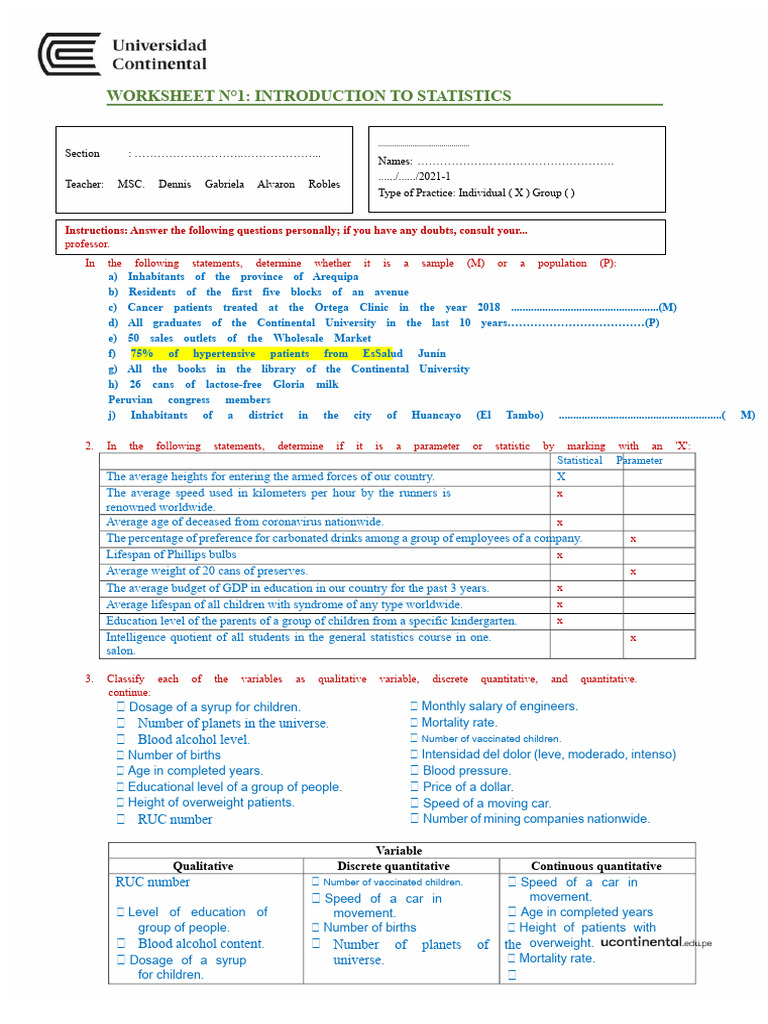 Week 1 Worksheet - Introduction To Statistics. | PDF | Statistics | Level Of Measurement