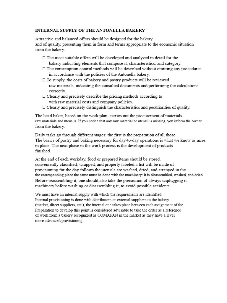 Internal Supply of Bakery Antonella | PDF | Supply Chain | Bakery