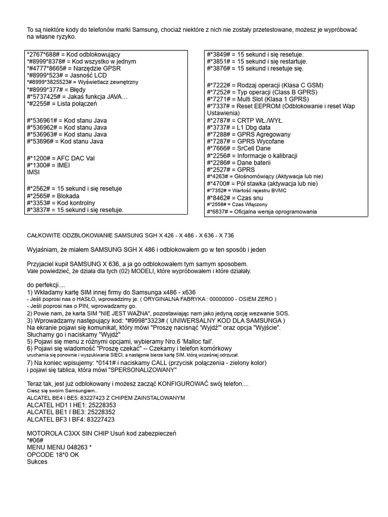 Kody Do Telefonów Marki Samsung | PDF