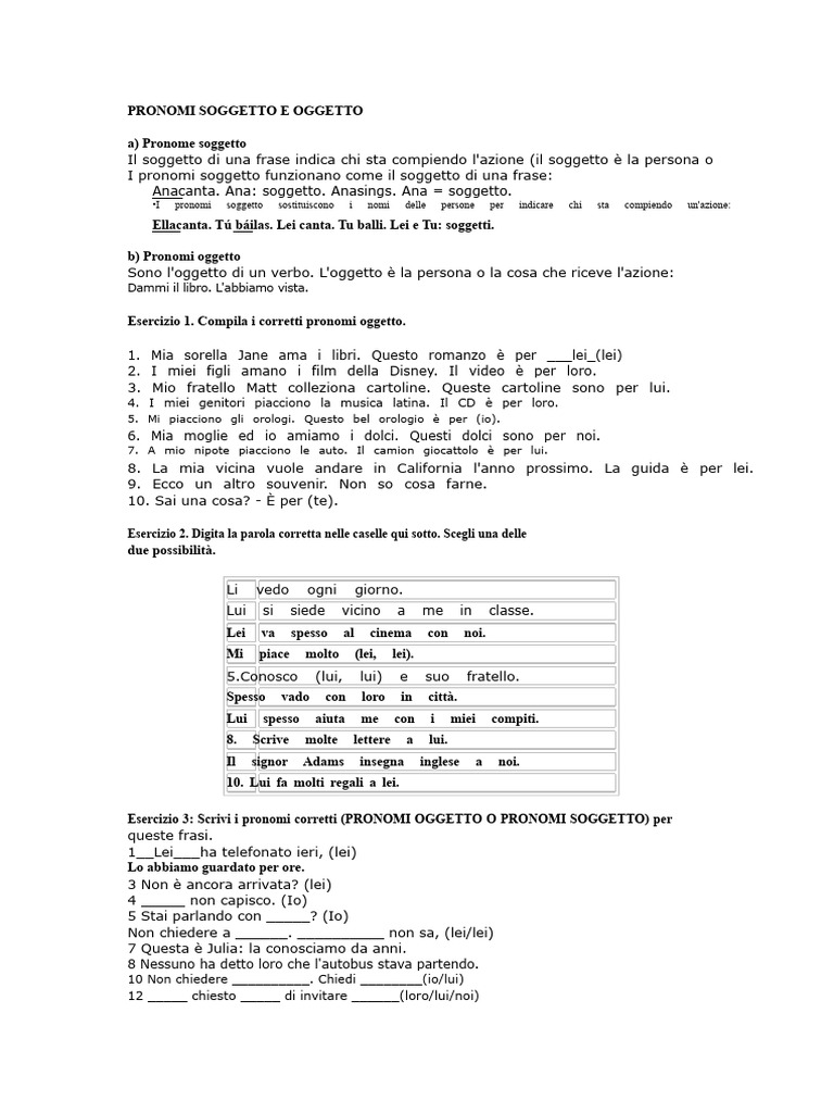 Pronome Soggetto e Pronome Oggetto | PDF