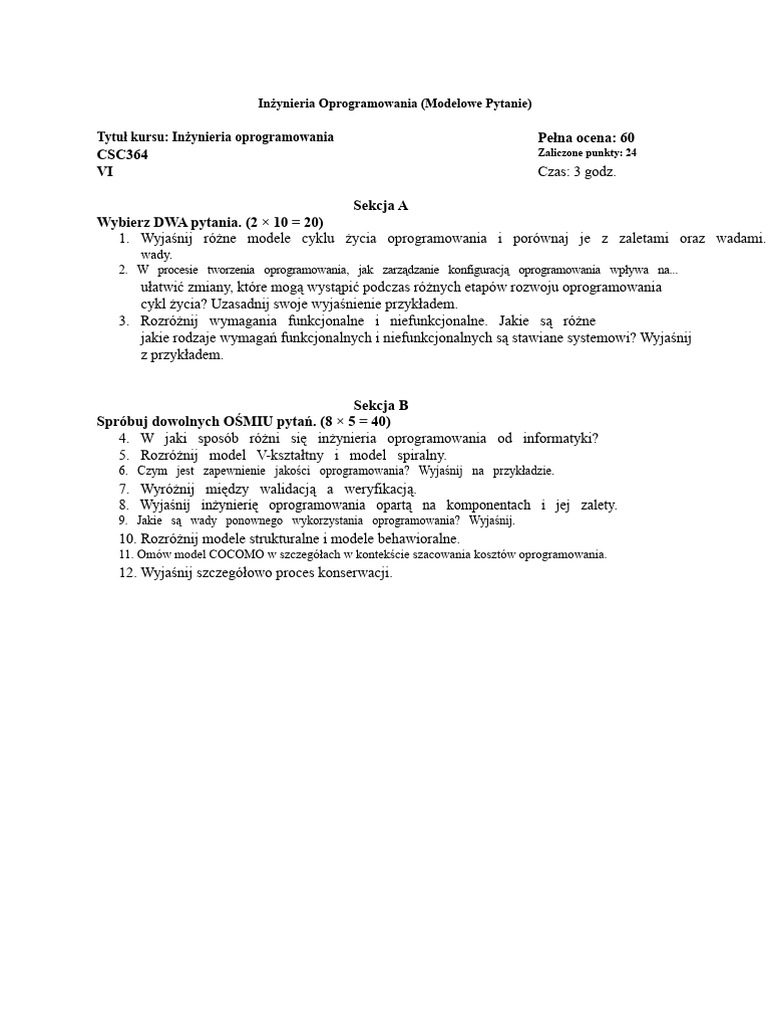 Pytania Modelowe B.SC .CSIT 6 Semestr | PDF