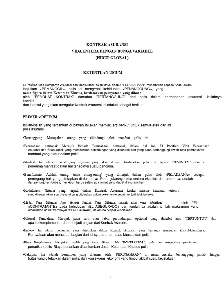 Kontrak Asuransi Jiwa Seumur Hidup (Global Life) | PDF