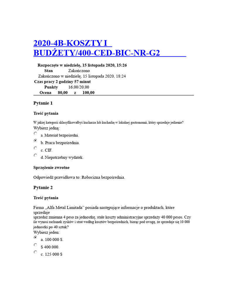 Poprawiony Egzamin Koszty I Budżety Iplacex | PDF