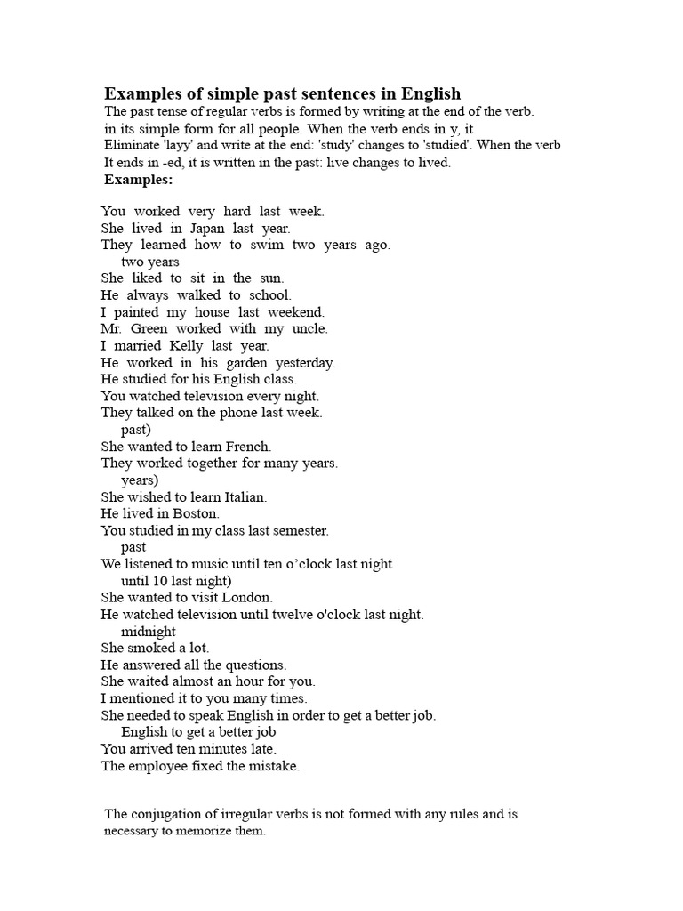 Examples of Simple Past Sentences in English | PDF | English Language ...