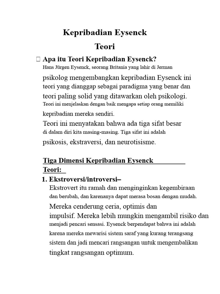 Teori Kepribadian Eysenck | PDF