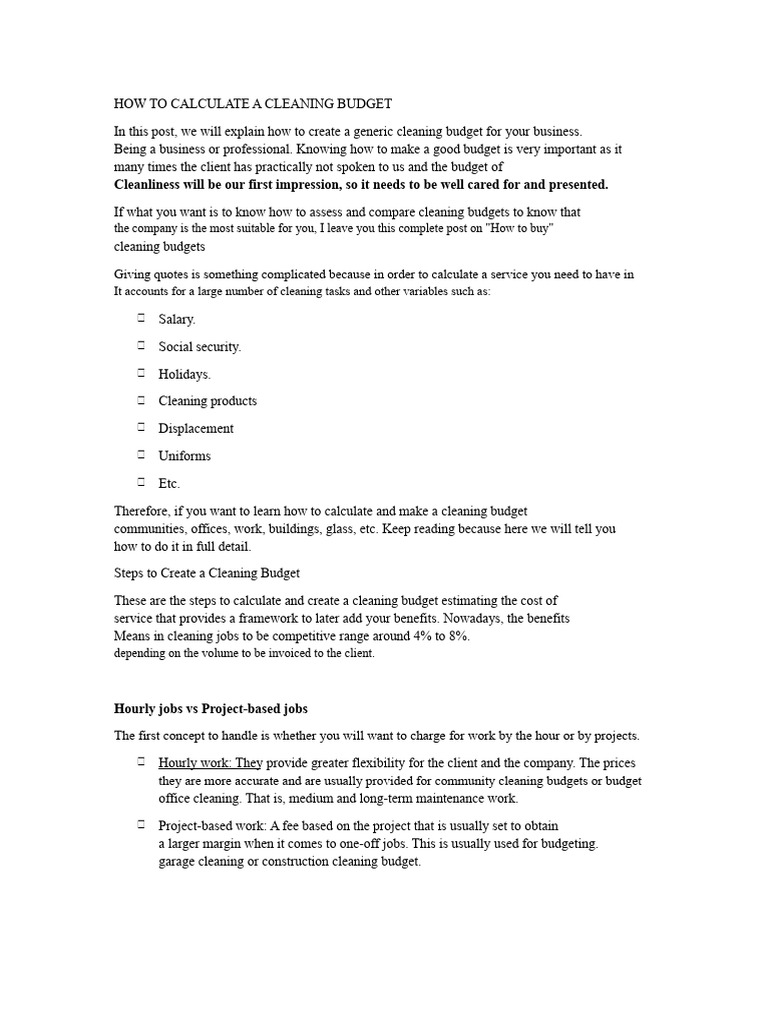 Cleaning Budget Calculation Guide | PDF | Cost Of Living | Prices