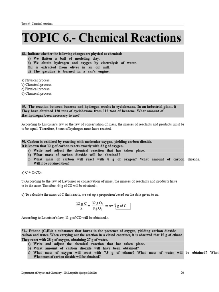 Solved Exercises From Topic 6 (Chemical Reactions) | PDF | Oxide ...
