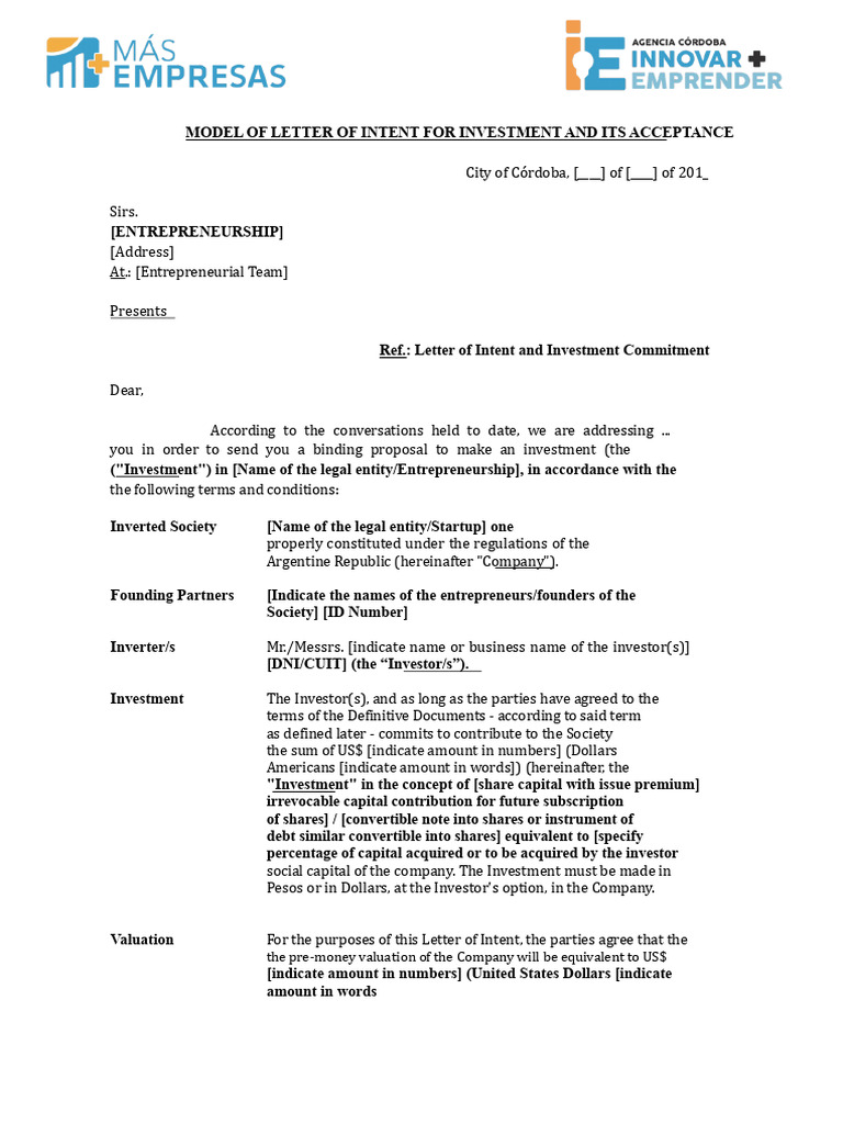 Investment Letter of Intent Template | PDF | Mediation | Arbitration